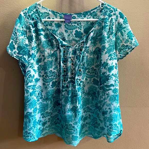 Laura Scott | Tops | Laura Scott Teal And White Flower Blouse | Poshmark